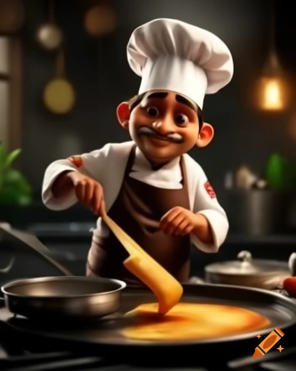 Pixar-style animated chef cooking dosa in Indian kitchen with soft ...