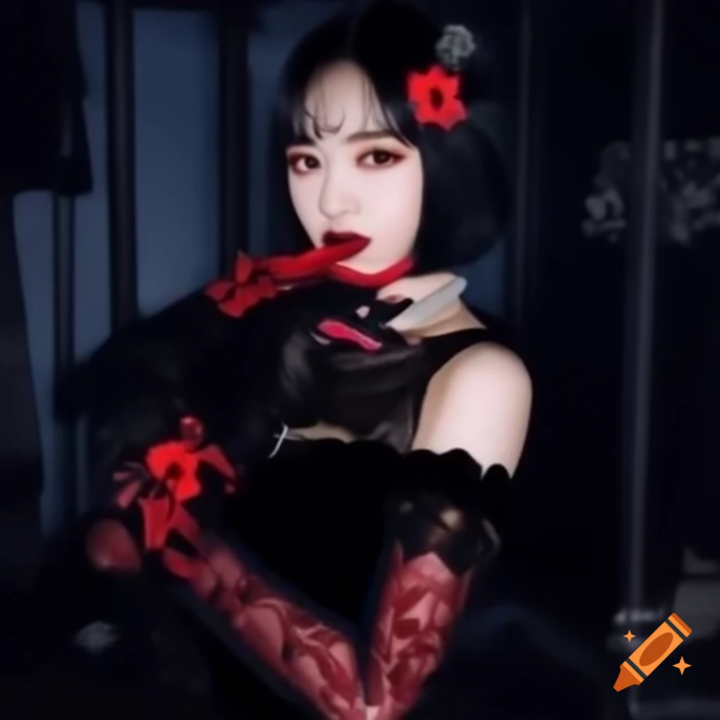 Mina from TWICE in gothic black velvet dress with red lace accents on ...