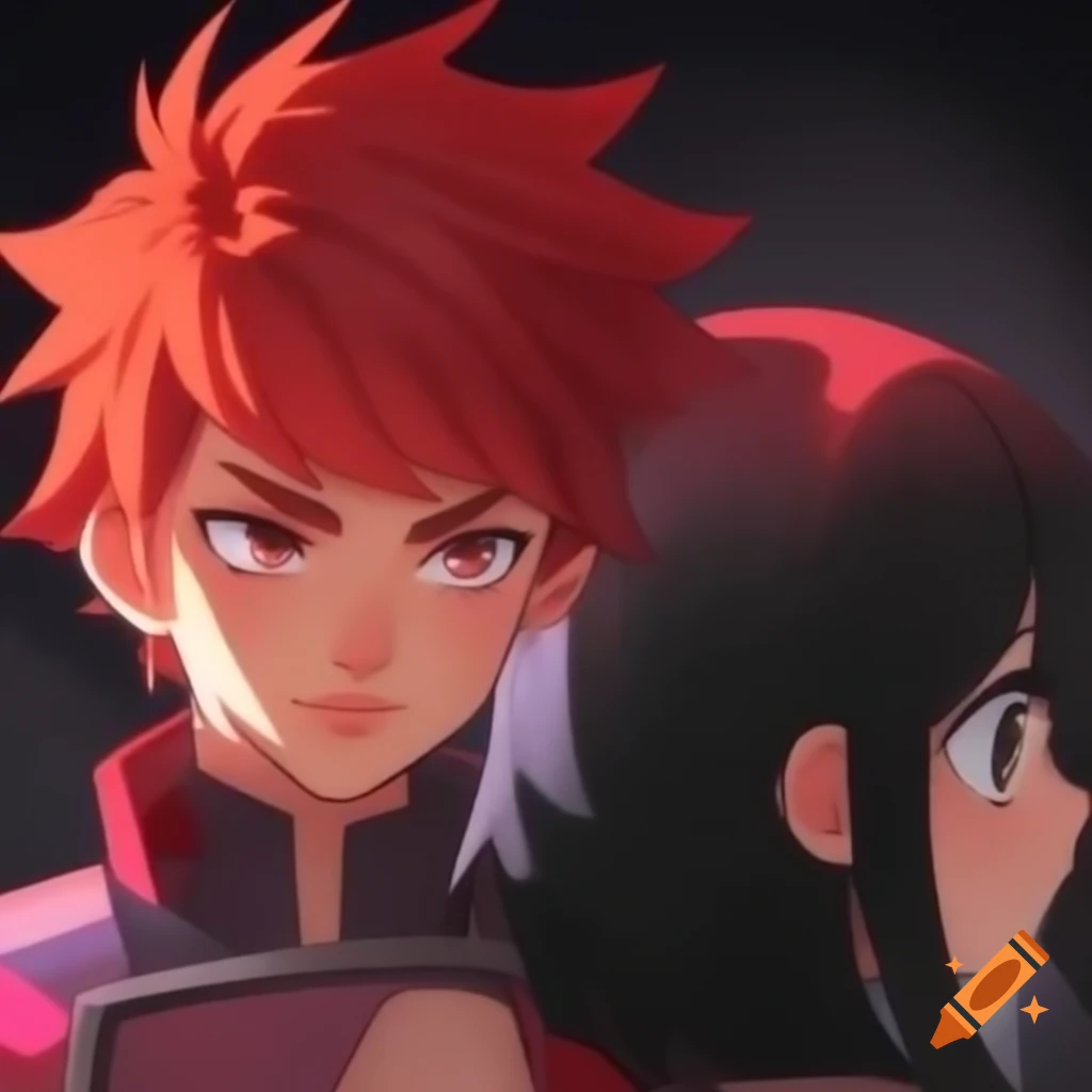Anime bandit boy with red hair and royal girl with black hair on Craiyon