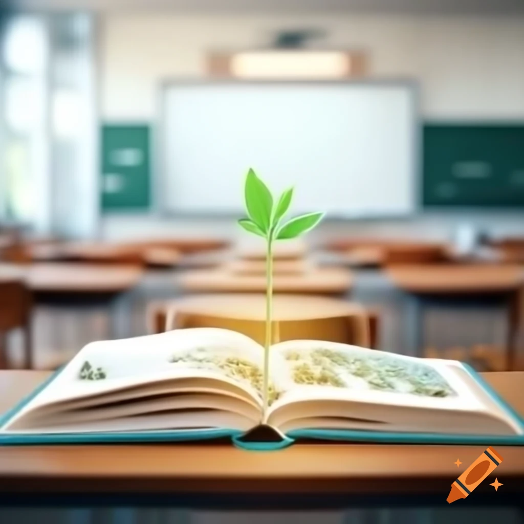 Teacher holding sapling in classroom with blurred book in background on ...