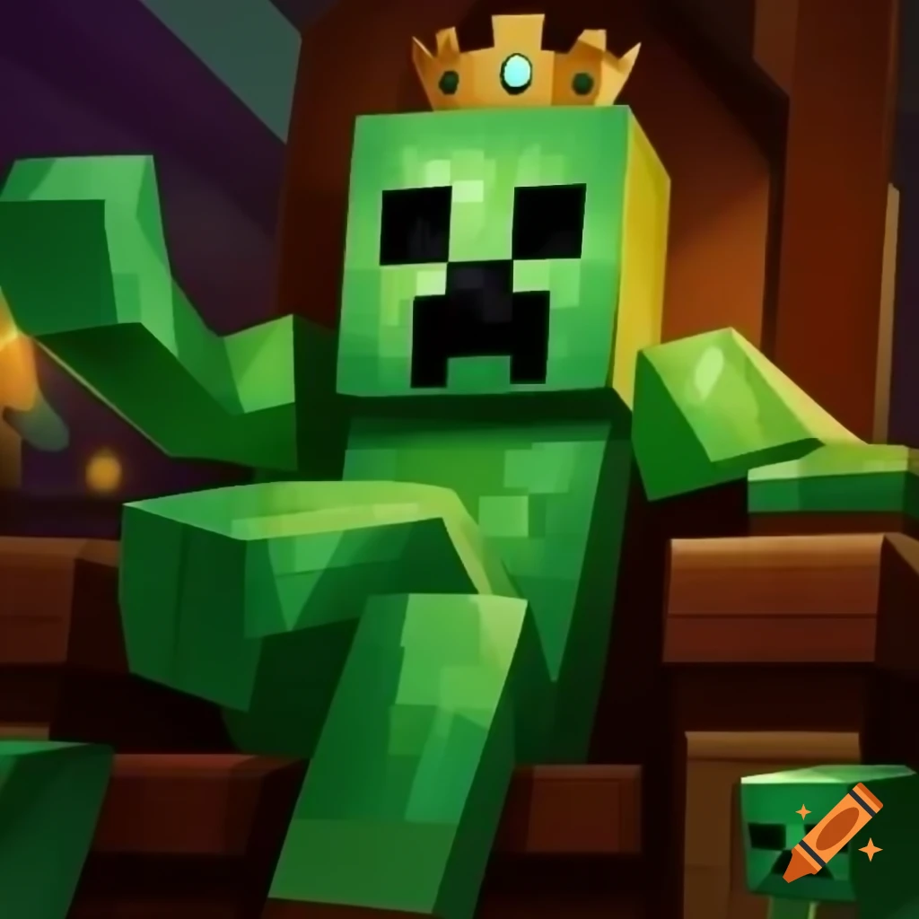 Minecraft creeper character dressed in king suit with crown on throne ...