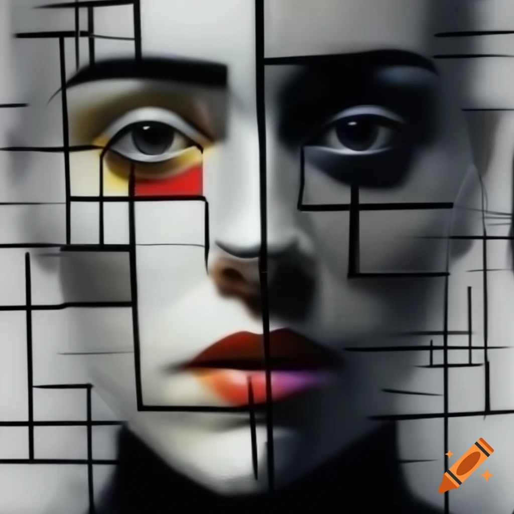 Abstract blurred charcoal face in particles grid with geometric lines ...