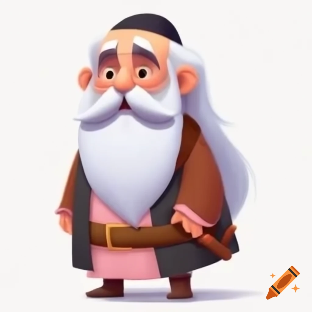 Cartoon old swordsman with white hair and pink robe in front view on ...