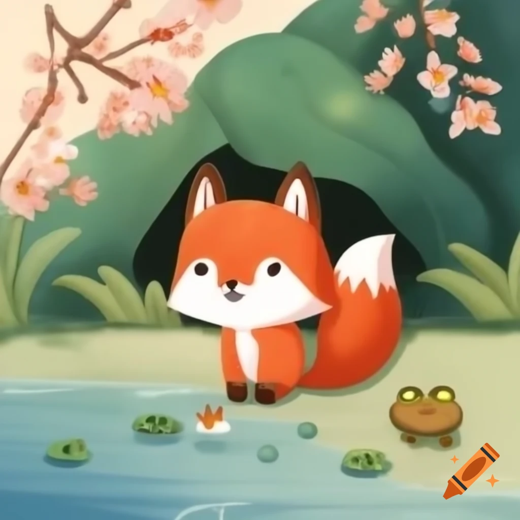 Cute fox surrounded by Japanese blossoms and frogs in a pool on Craiyon