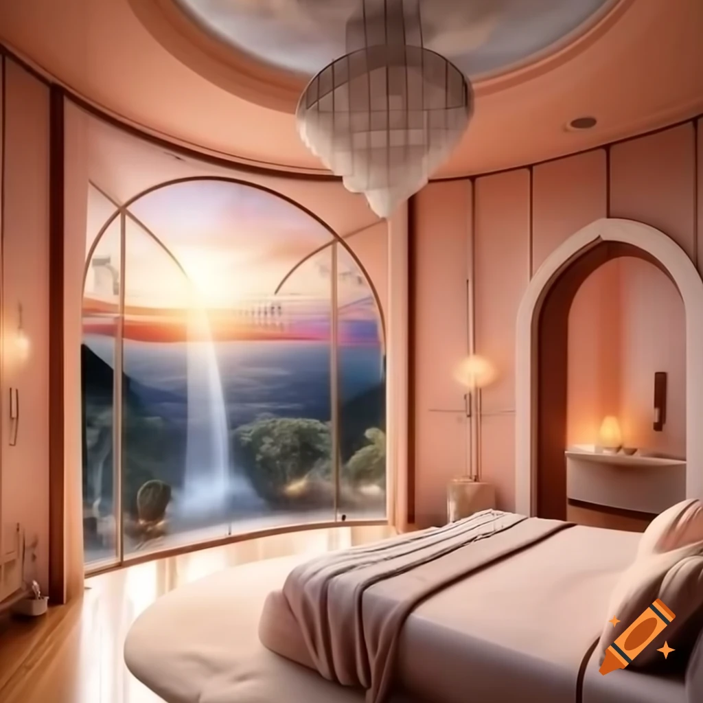 Heavenly bedroom with peach marble walls and balcony view of waterfall ...