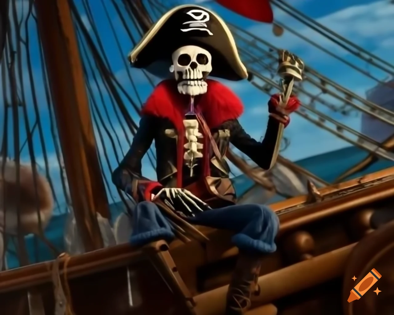 Golden skeleton dressed as pirate holding jolly roger on ship on Craiyon