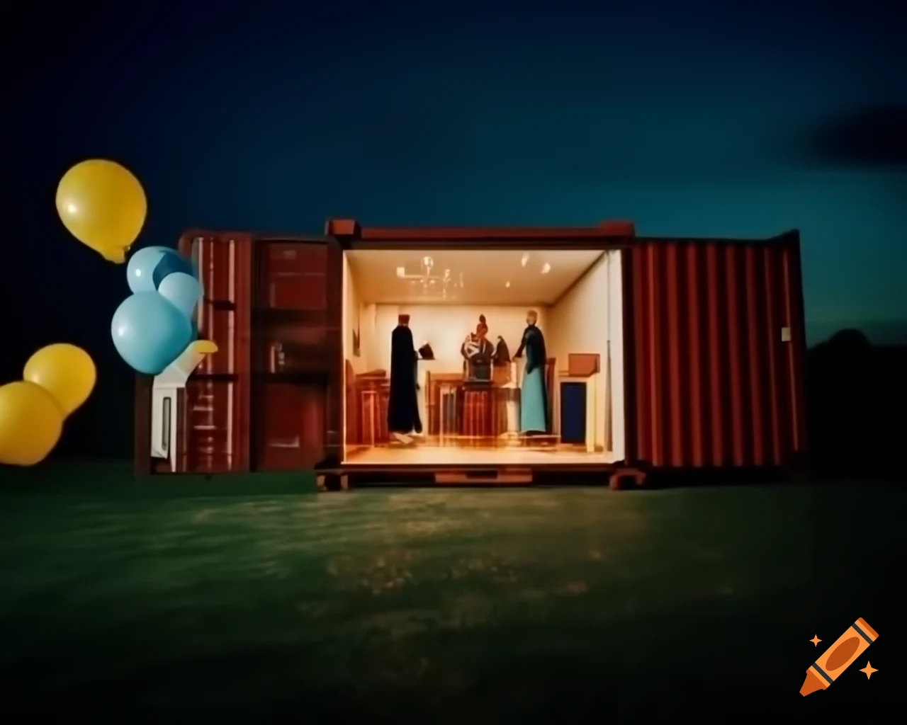 Elegant shipping container event with lights and balloons, featuring ...