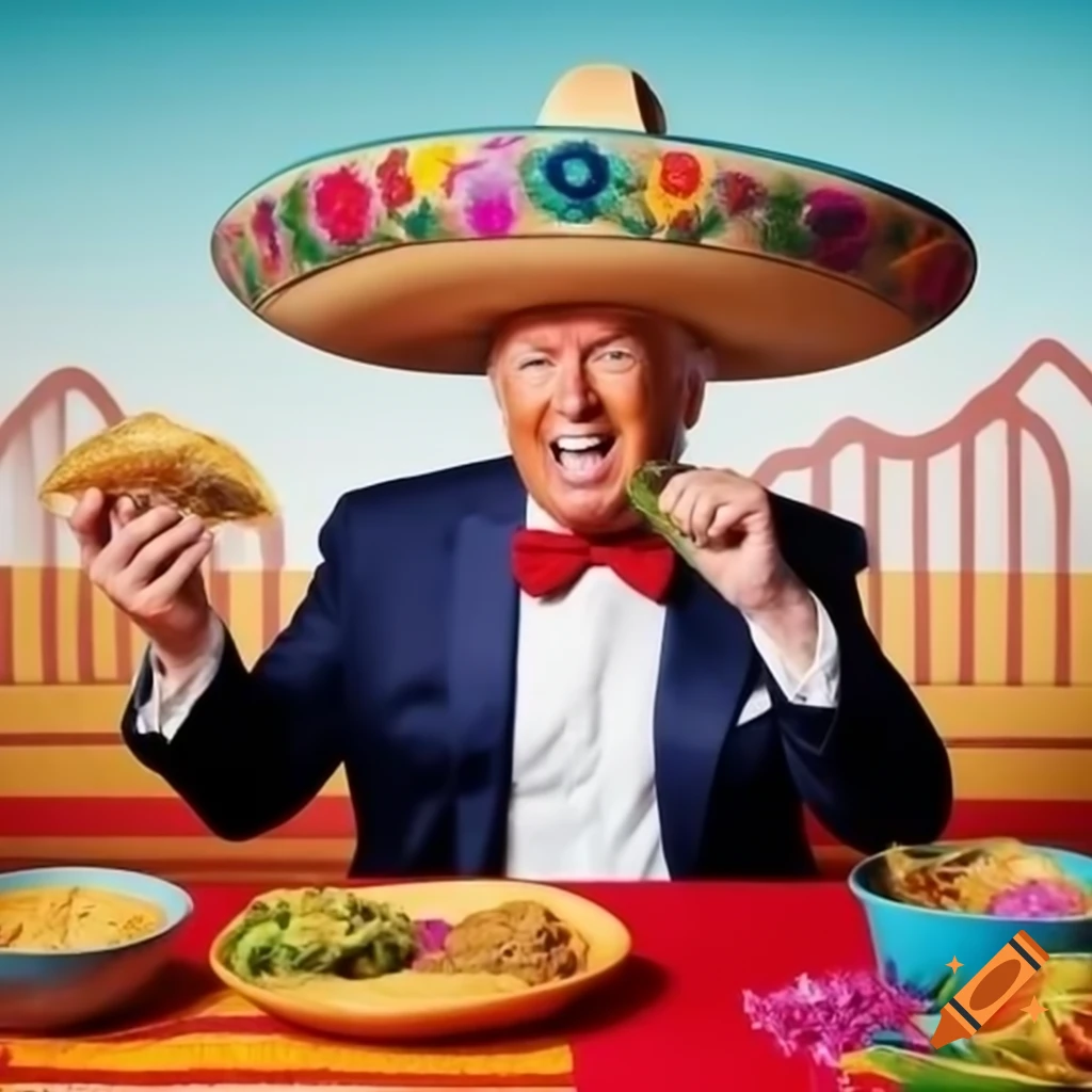 Donald Trump in colorful sombrero enjoying taco near Mexico-America border on Craiyon