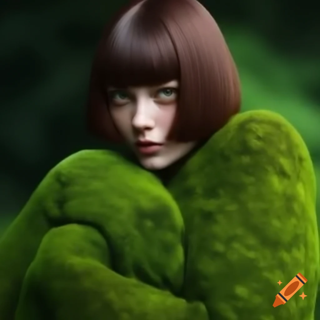 Woman with brown bob surrounded by giant green moss on Craiyon