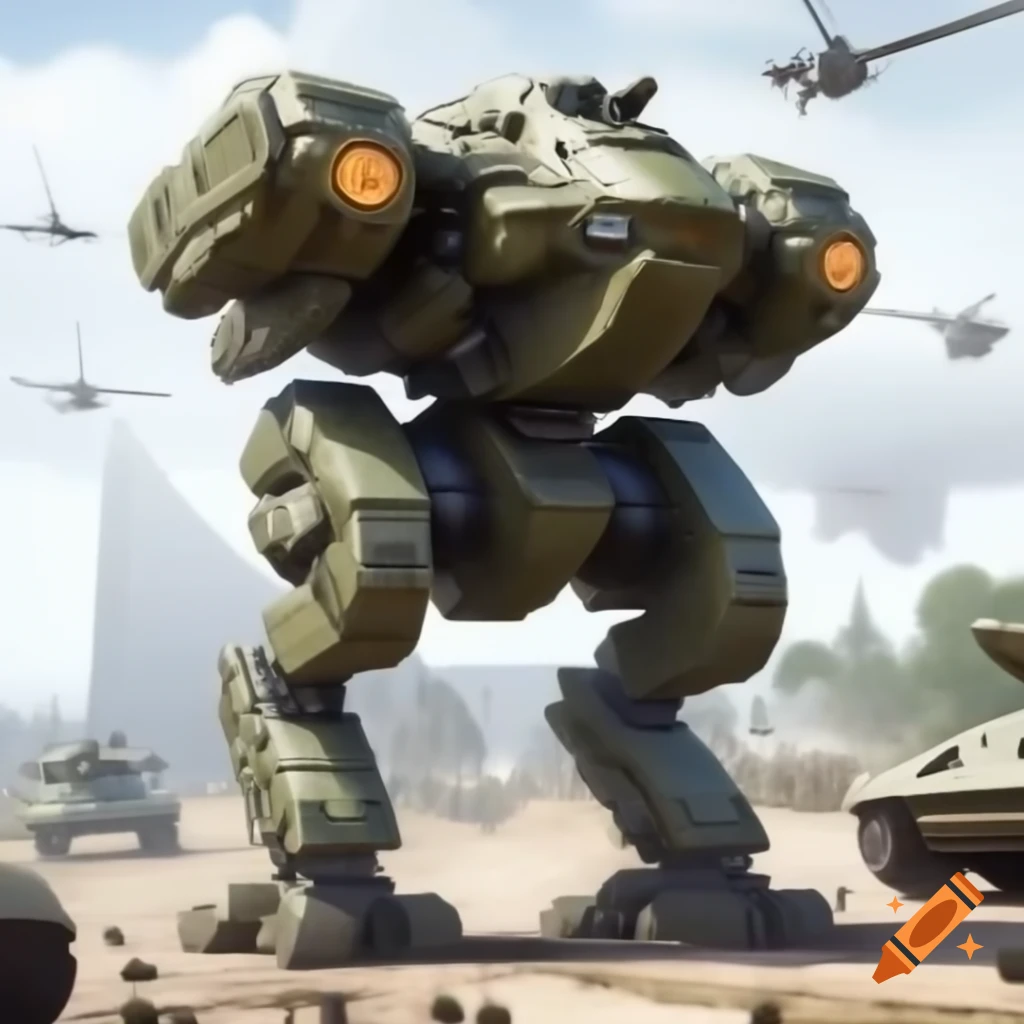 Heavily armored bipedal battle mech with military design and weapon ...