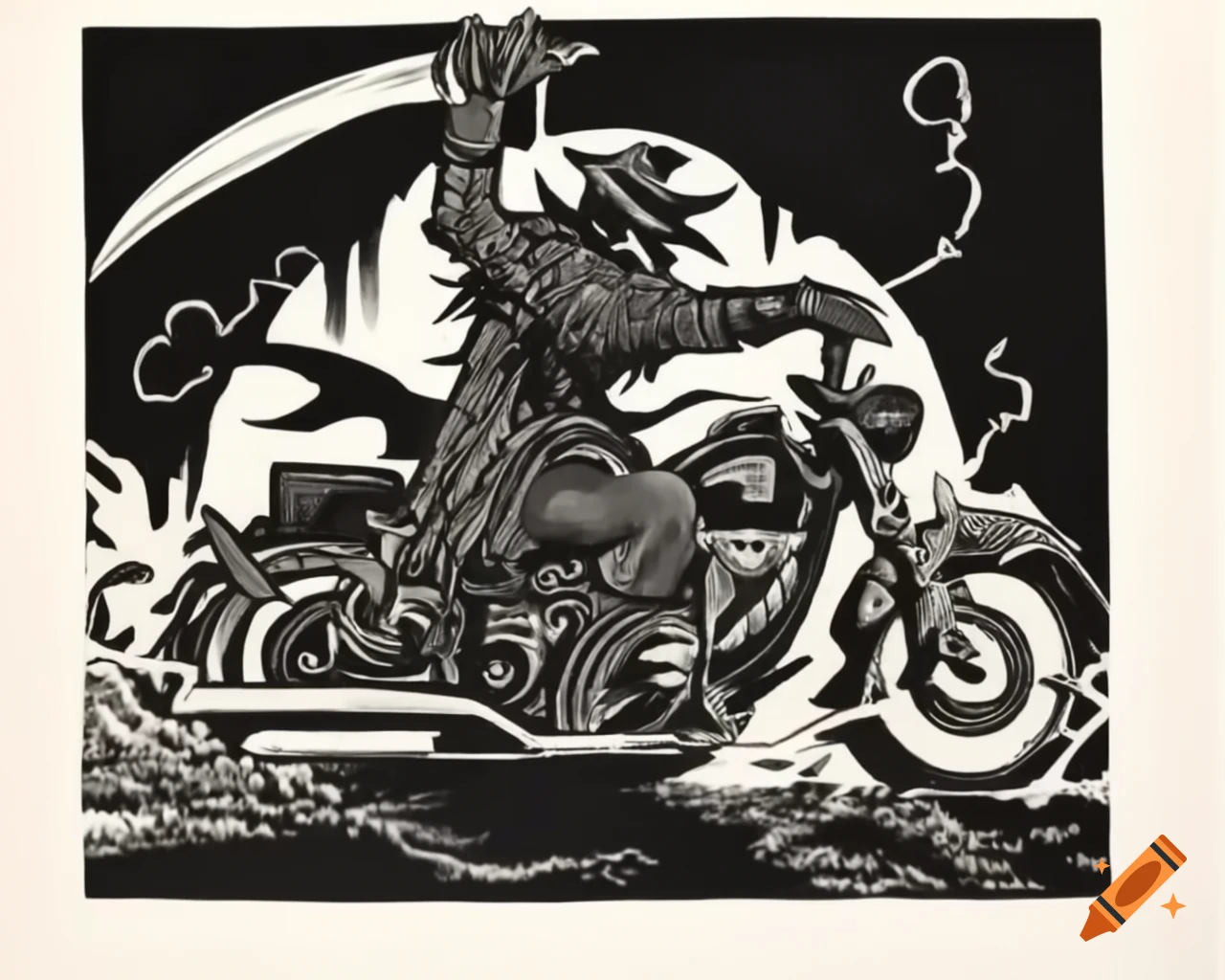 Grim Reaper riding outlaw motorcycle through spectral gate, linocut ...