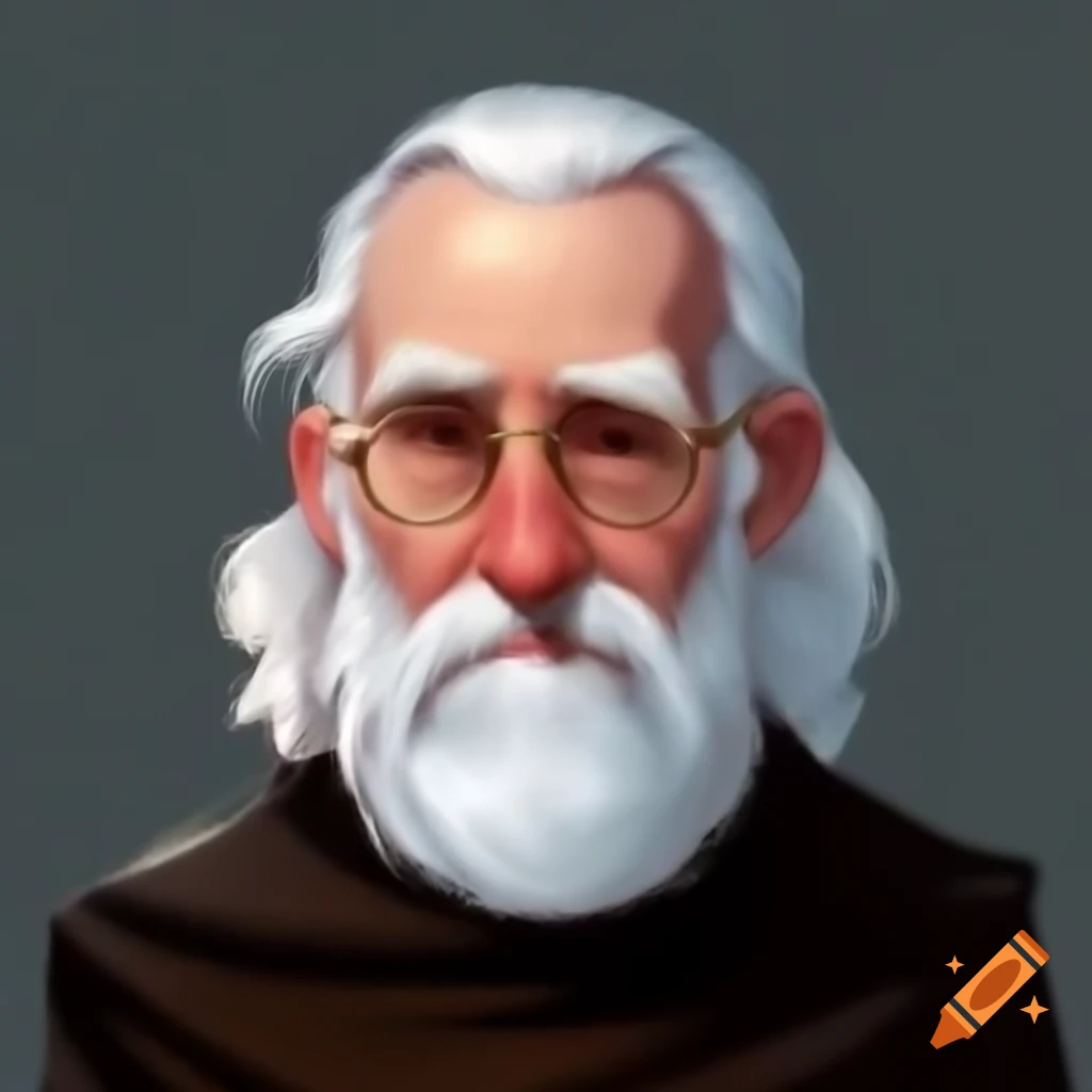 Old wizard dressed in dark clothes with glasses and gray-white hair on ...