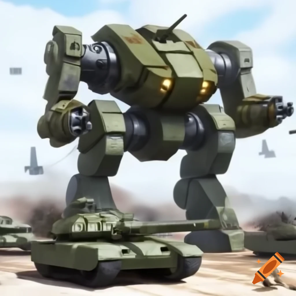Heavily armored battle mech with angular design and weapon pods on Craiyon
