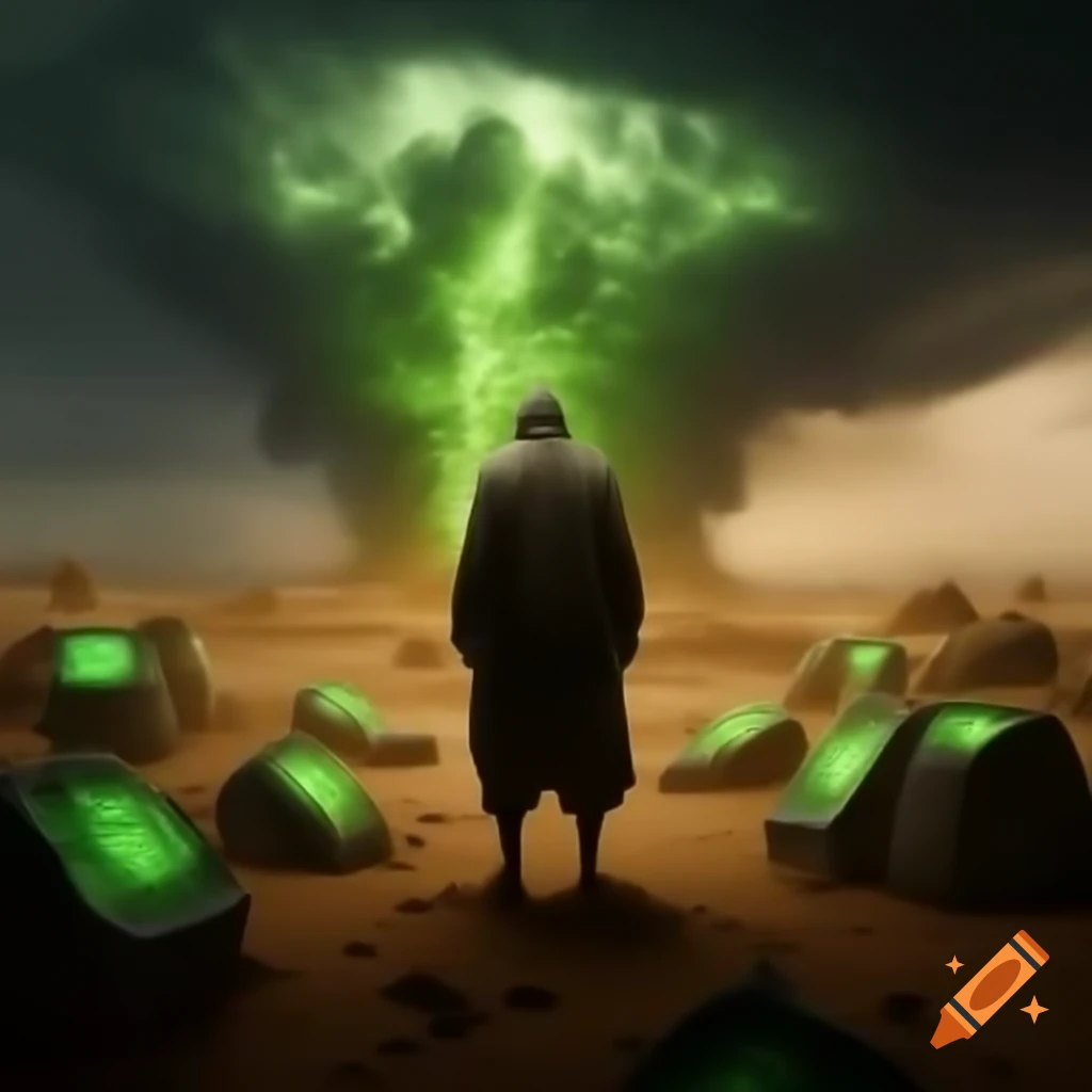 Man in rags in green sandstorm with lightning on horizon on Craiyon