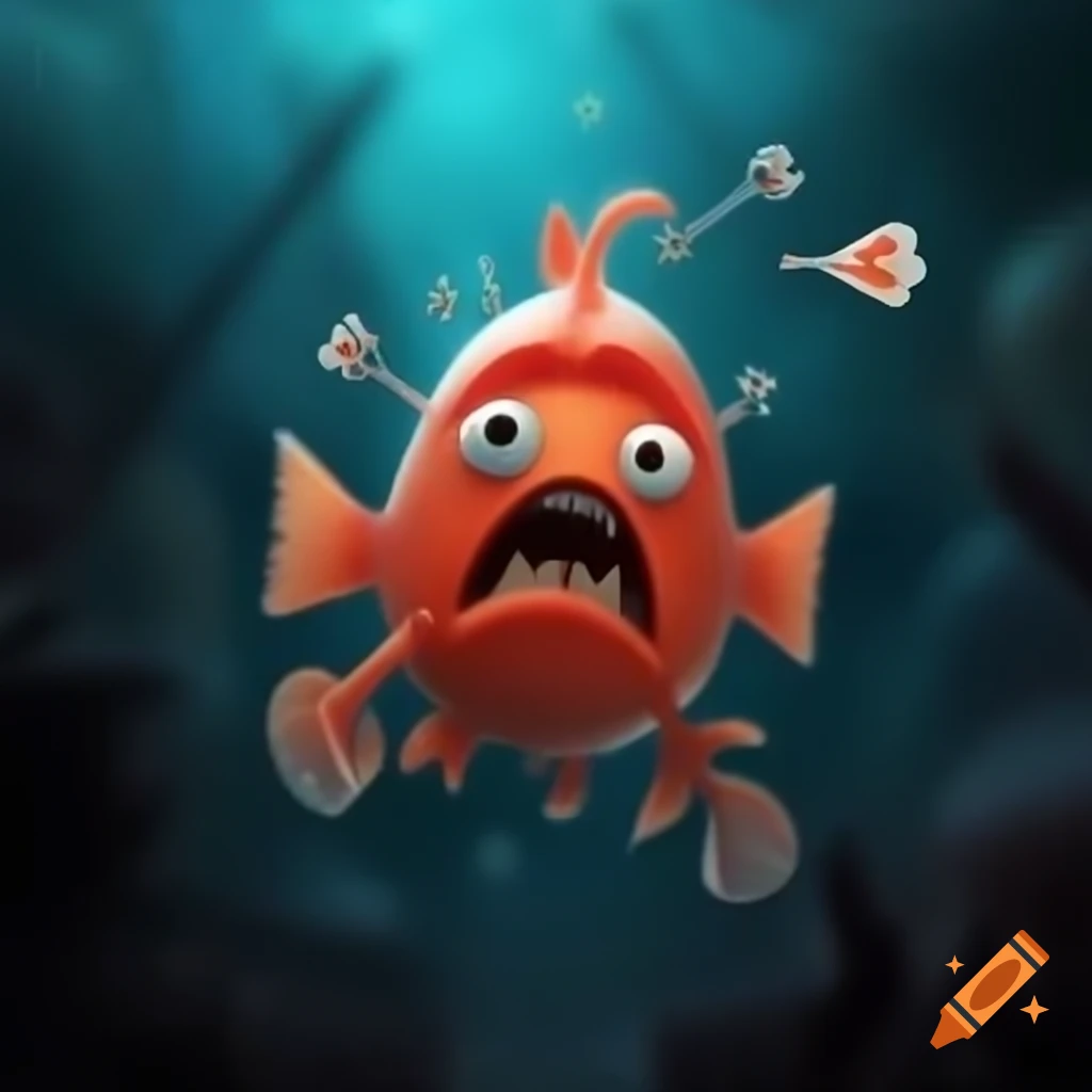 Scared cartoon fish fleeing through dark underwater scene, animated ...