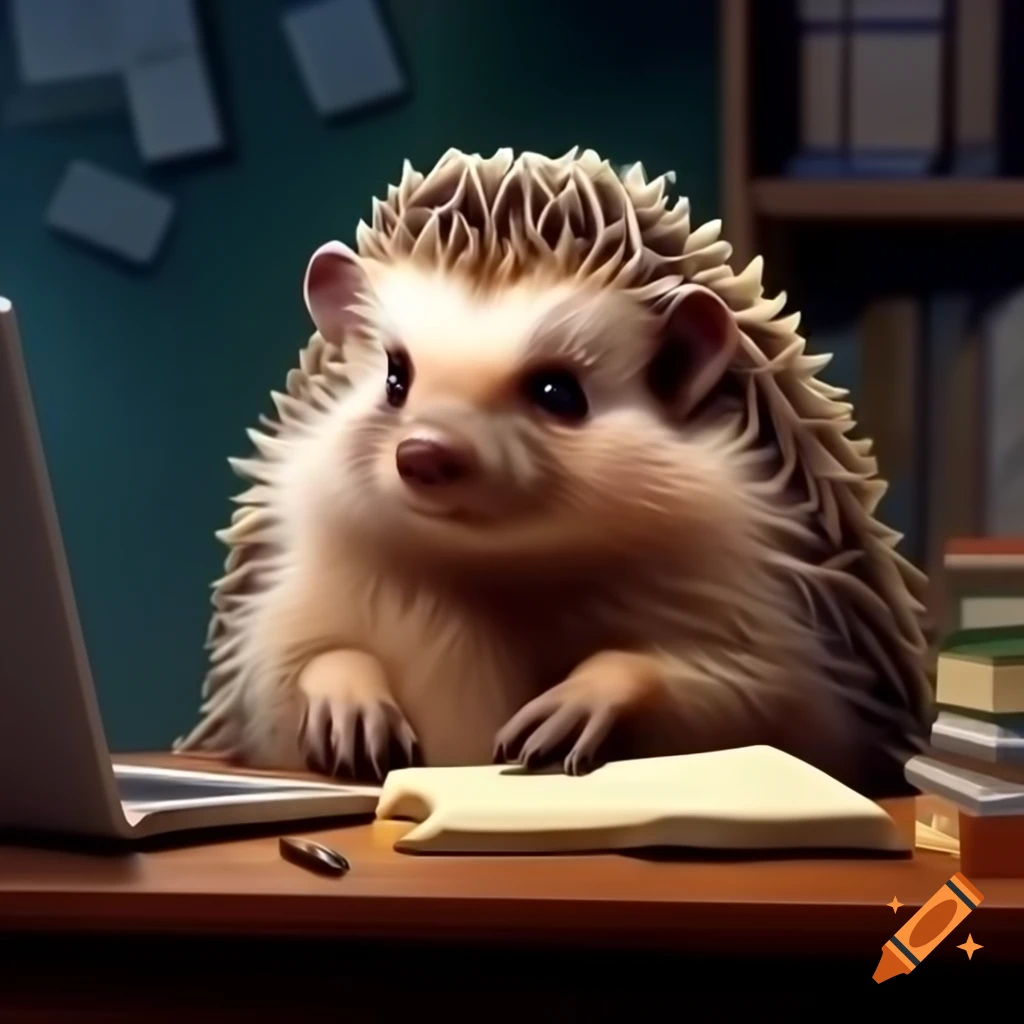 Comic illustration of hedgehog on desk with books and laptop, sticker ...