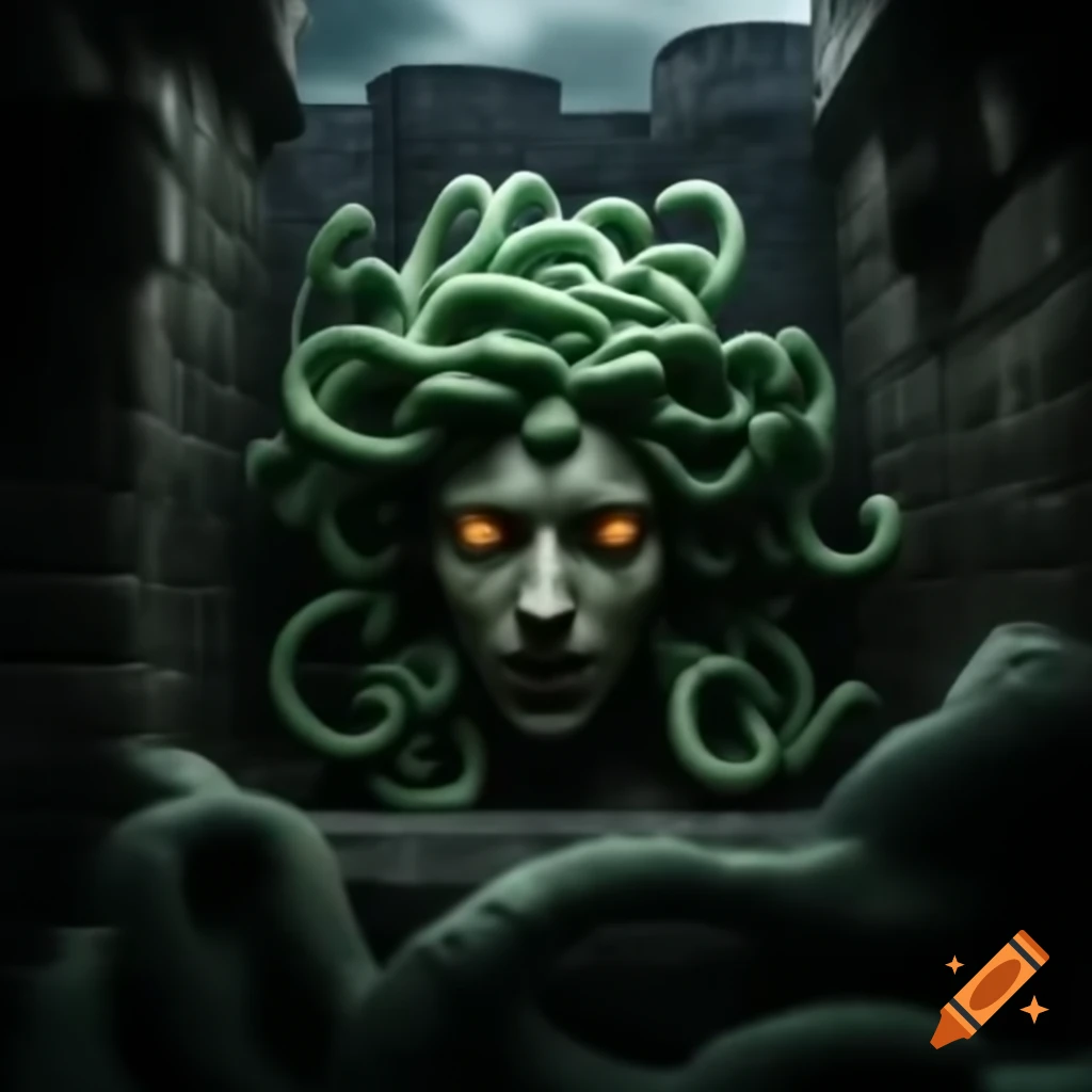 Medusa peeking behind castle wall with glaring eyes and a petrified man ...