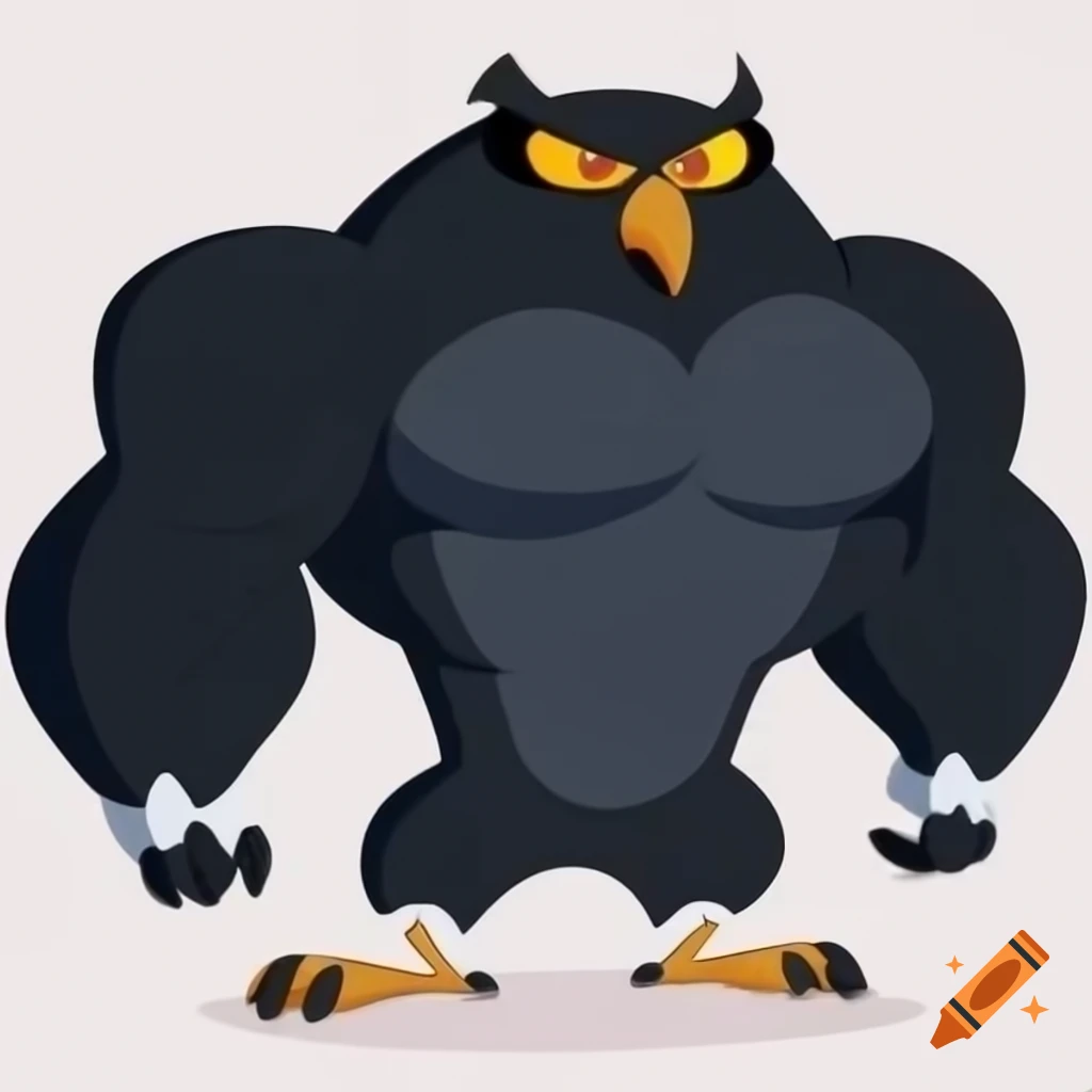 Cartoon of muscular black owl with human legs and glasses on Craiyon