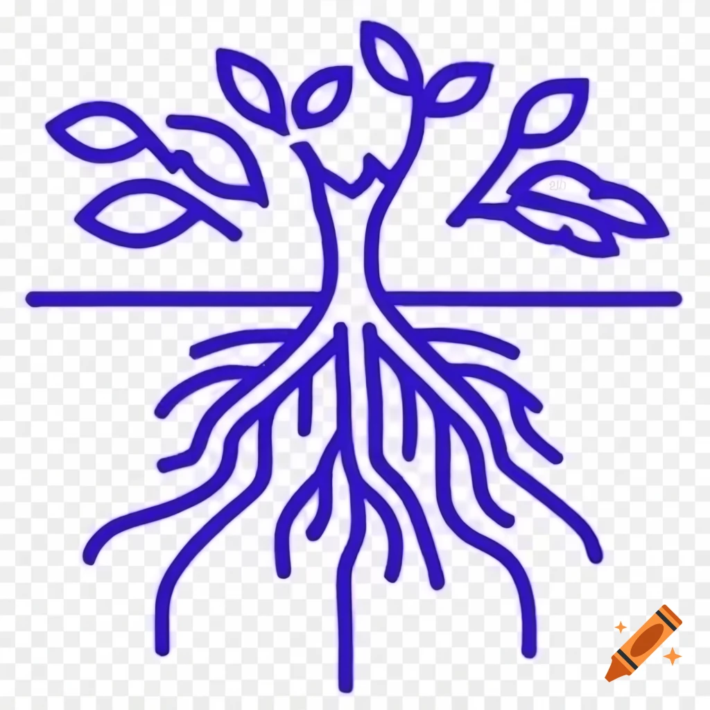 Outline graphic of tree roots and leaves in ultramarine violet on Craiyon