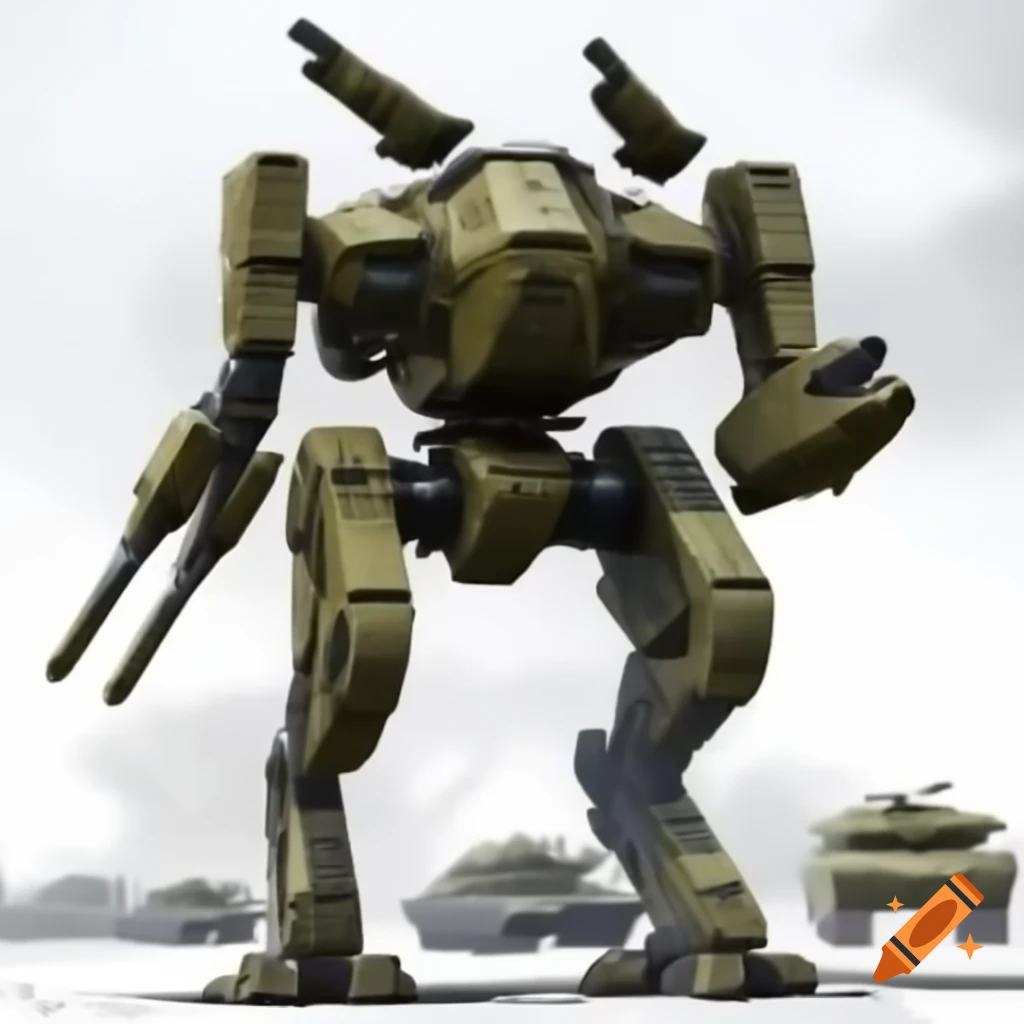 Heavily armored battle mech with angular lines and weapon pods on Craiyon