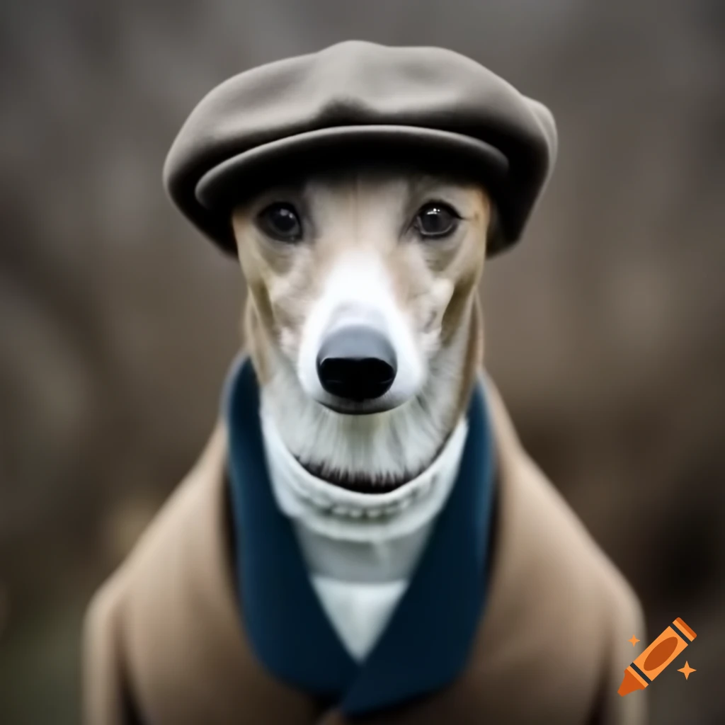 Victorian-dressed whippet with tan color and white stripe, vintage ...