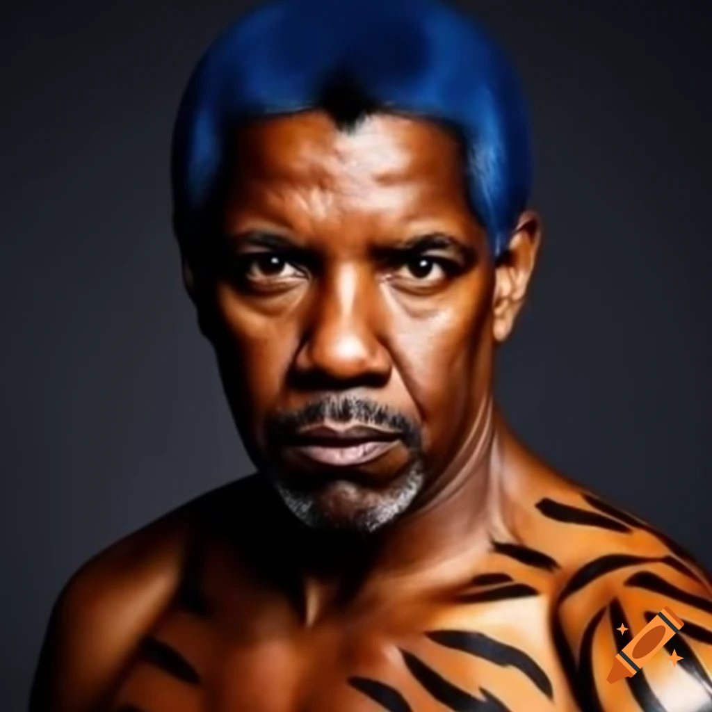 Muscular man with tiger-style makeup featuring blue hair and orange ...