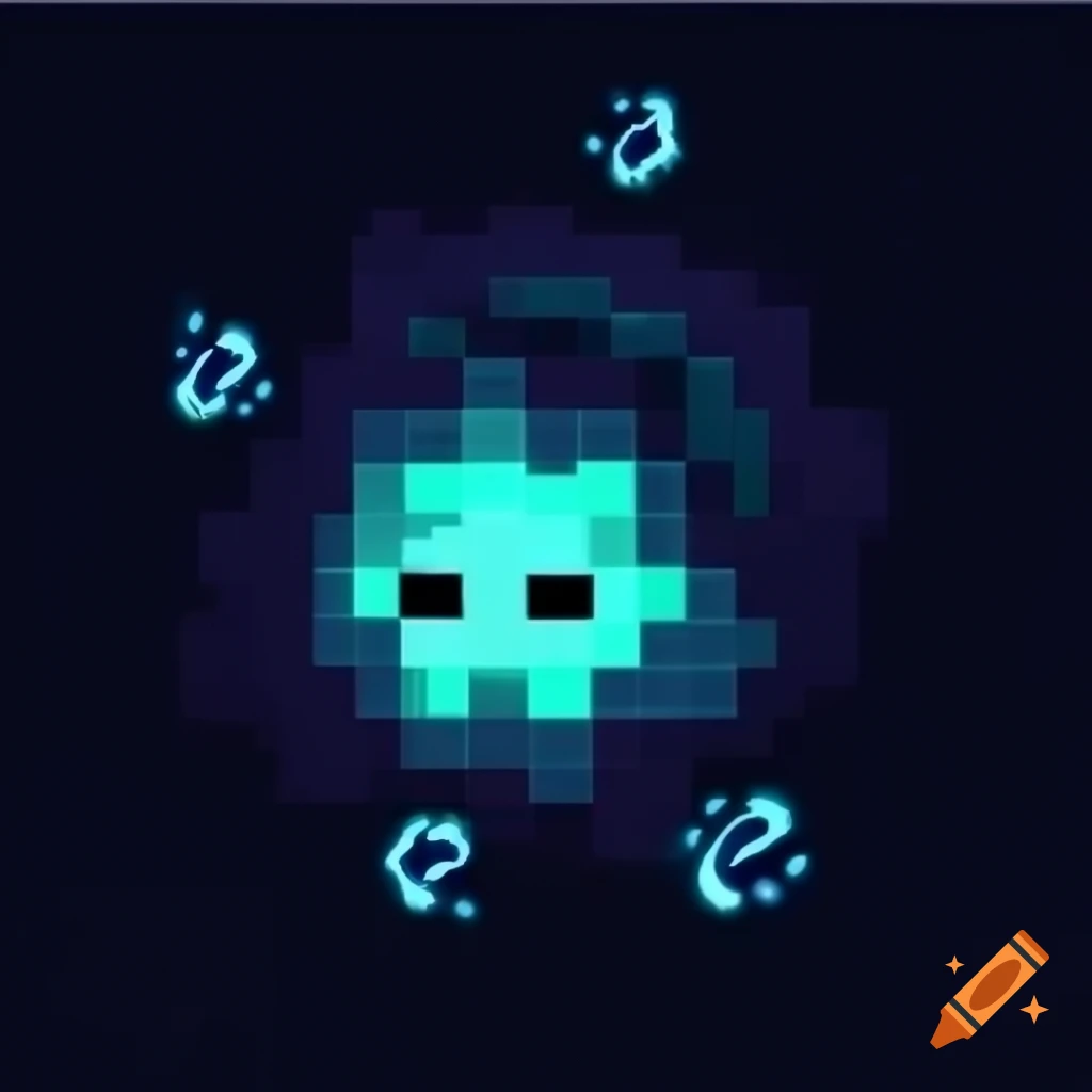 Pixel art glowing soul floating in darkness with spectral energy on Craiyon