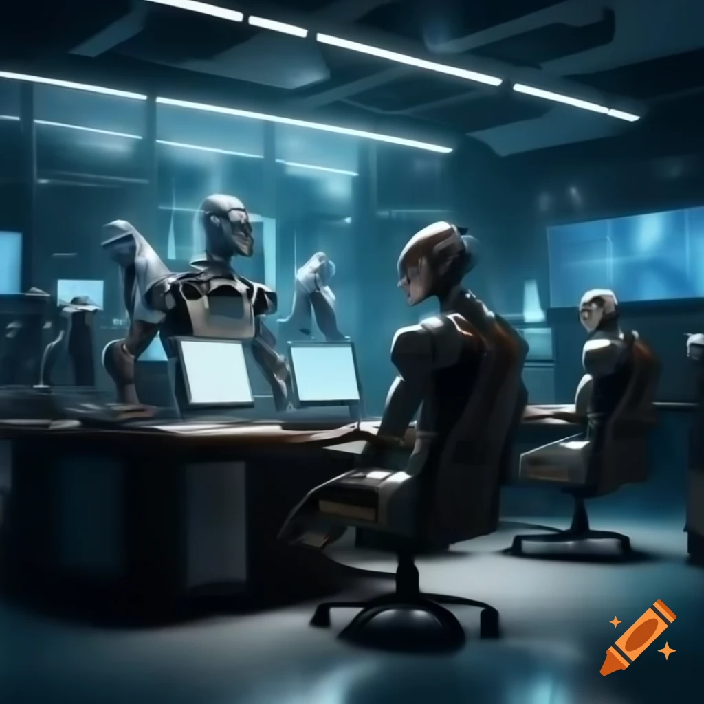 Futuristic newsroom with AI robots and human journalists collaborating on Craiyon