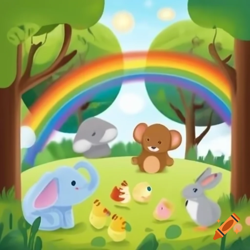 Colorful forest with rainbow, bright trees, and cheerful animals on Craiyon