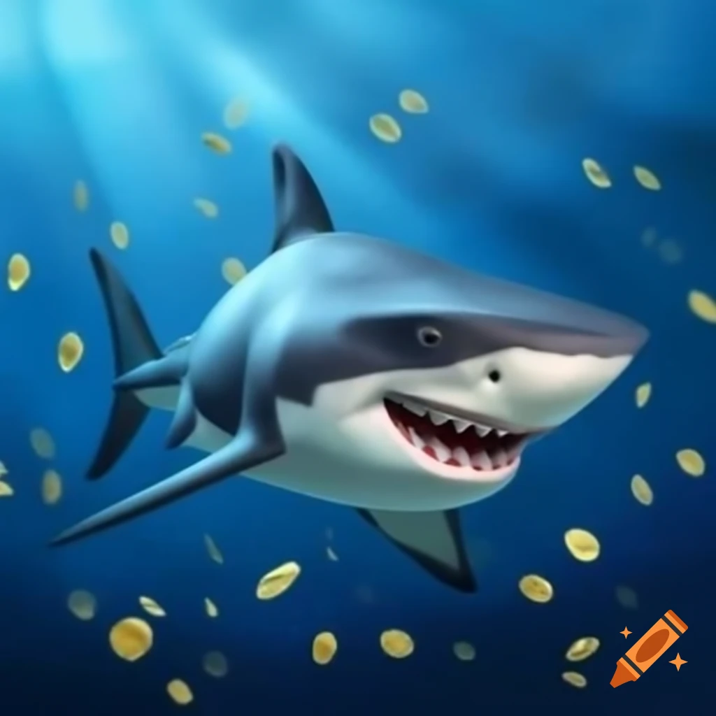 Cartoon shark in tuxedo with gold coins underwater and air bubbles on ...