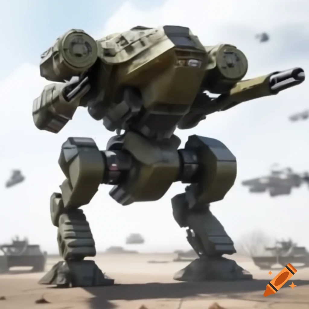 Heavily armored battle mech with angular lines and weapon pods on Craiyon