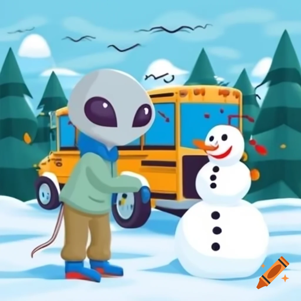 Grey alien in khaki pants and blue hoodie building snowman next to ...