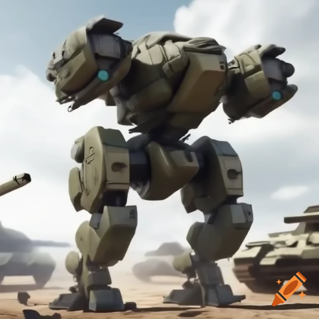 Bipedal armored battle mech with angular design and weapon pods on Craiyon