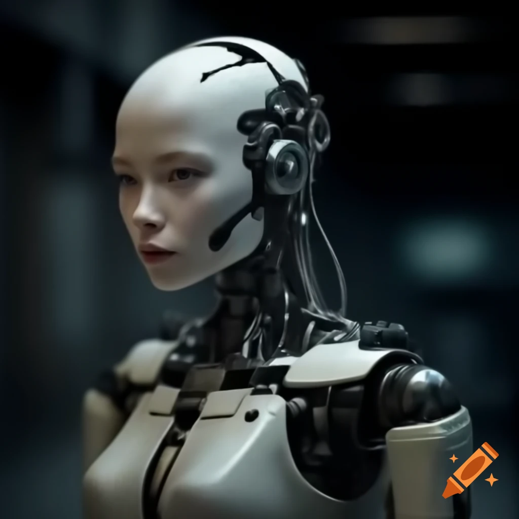 Cinematic image of synthetic robot with human face in action, shot with ...