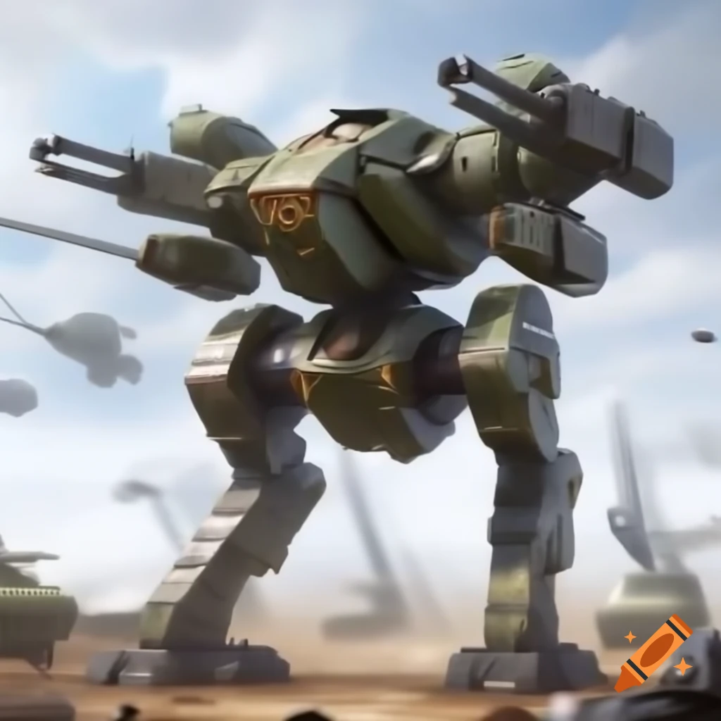 Heavily armored battle mech with angular design and weapon pods on Craiyon