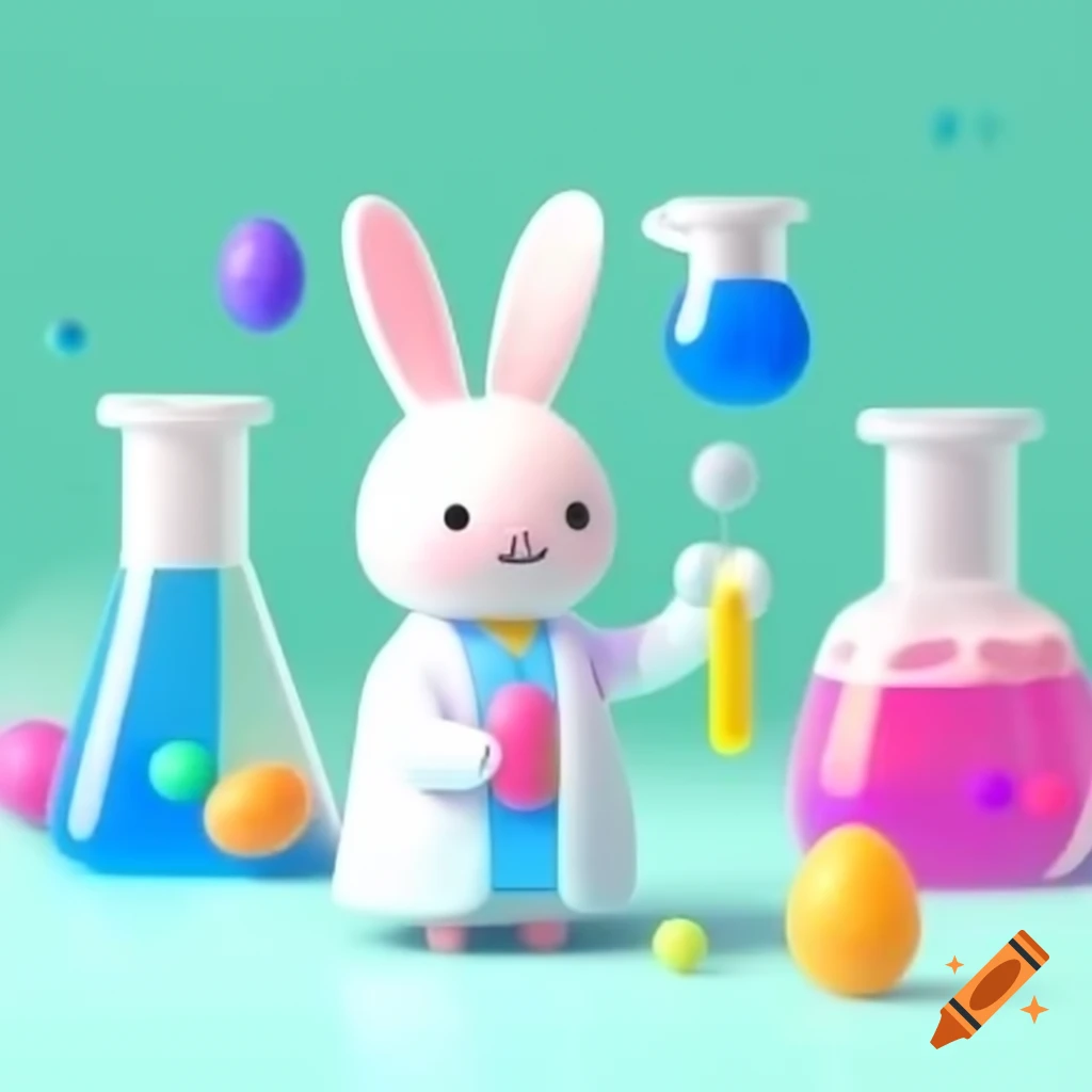 Easter bunny in chemistry lab mixing colorful chemicals with large ...