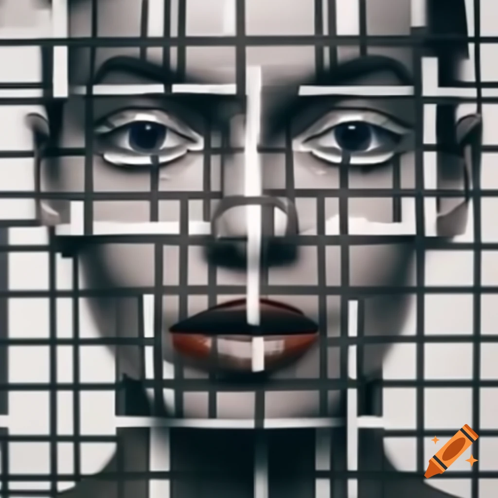 Abstract blurred charcoal face in particles grid with geometric lines ...