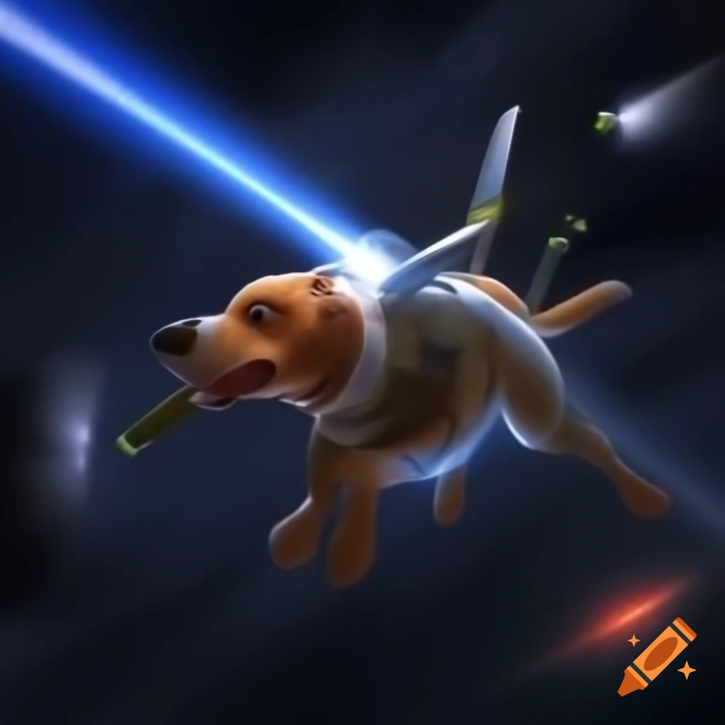 Dog in space with laser guns for eyes and propeller tail on Craiyon