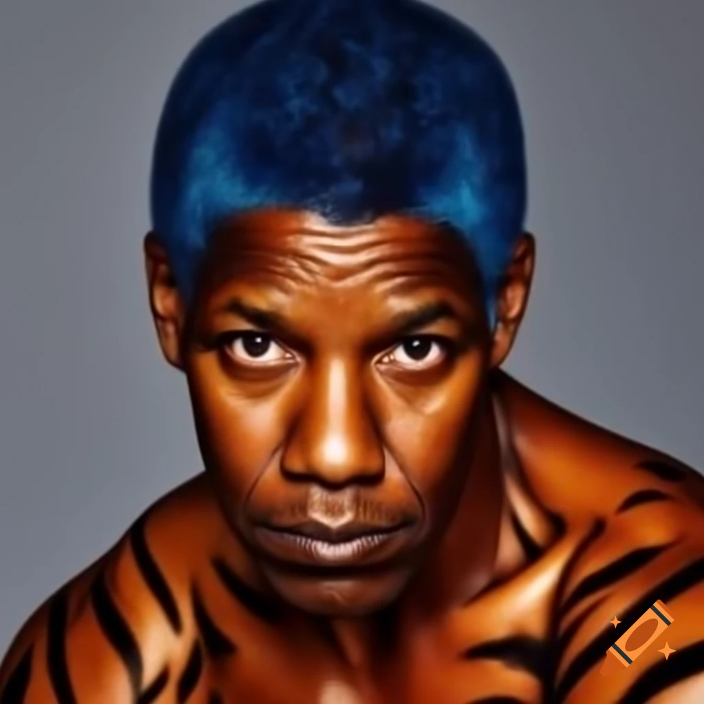 Muscular figure with tiger-style makeup and vibrant colors on Craiyon