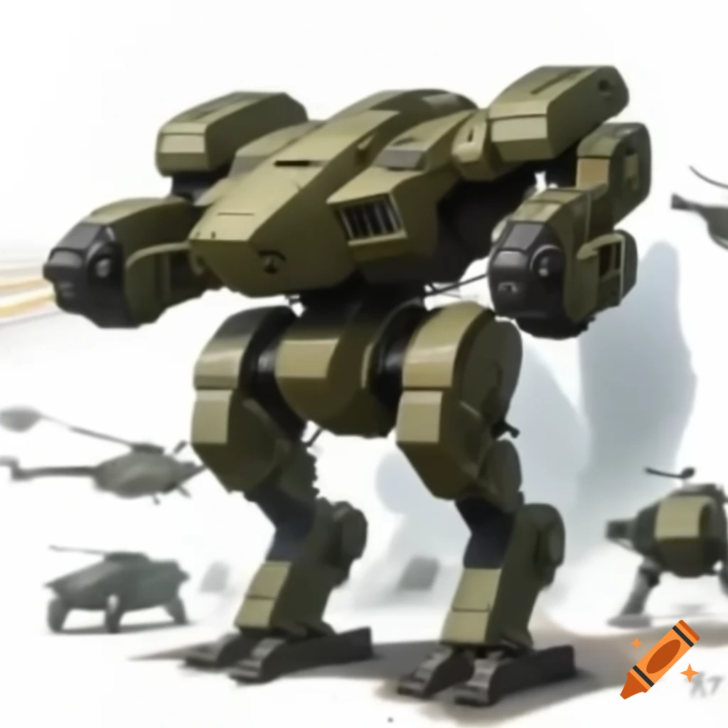 Bulky battle mech with angular design inspired by tanks and helicopters ...