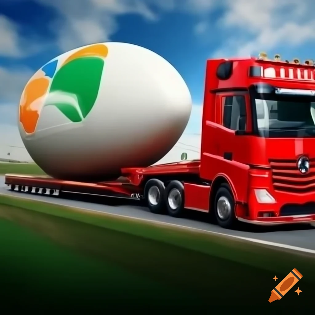 Red Mercedes semi-truck with colorful egg trailer on Irish motorway on ...