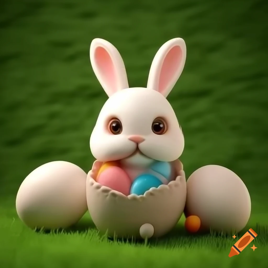 3D realistic Easter bunny sitting next to Easter egg on green grass on ...