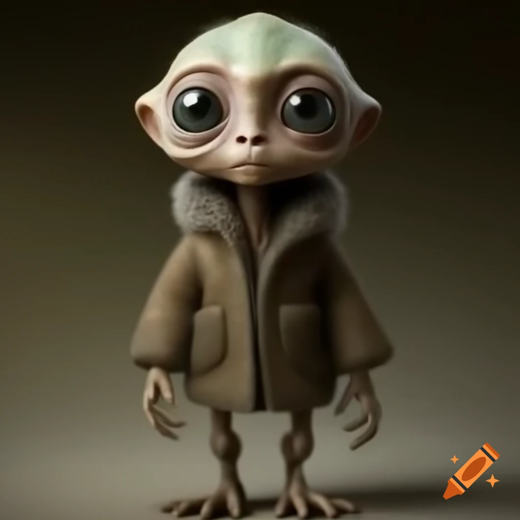Baby alien with furry coat, short human legs, wearing pants and shoes ...