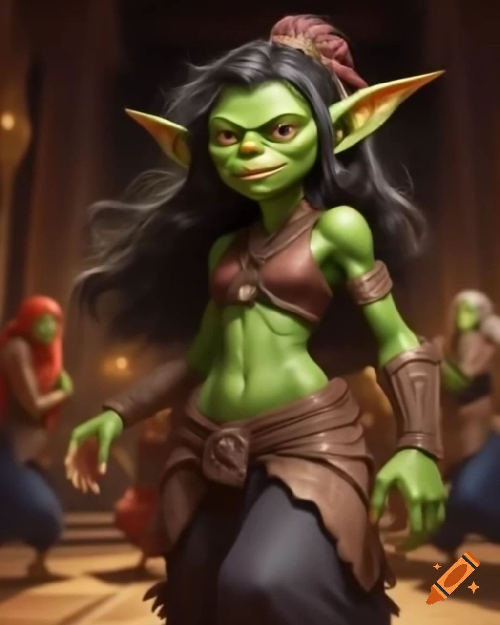 Green-skinned goblin girl in harem pants dancing in palace on Craiyon