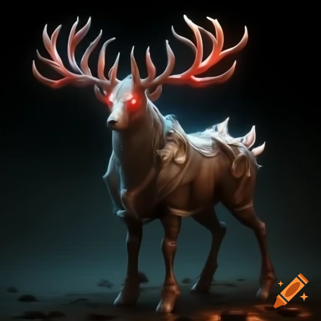 Evil celestial elk with glowing red eyes in riding gear and armor on ...