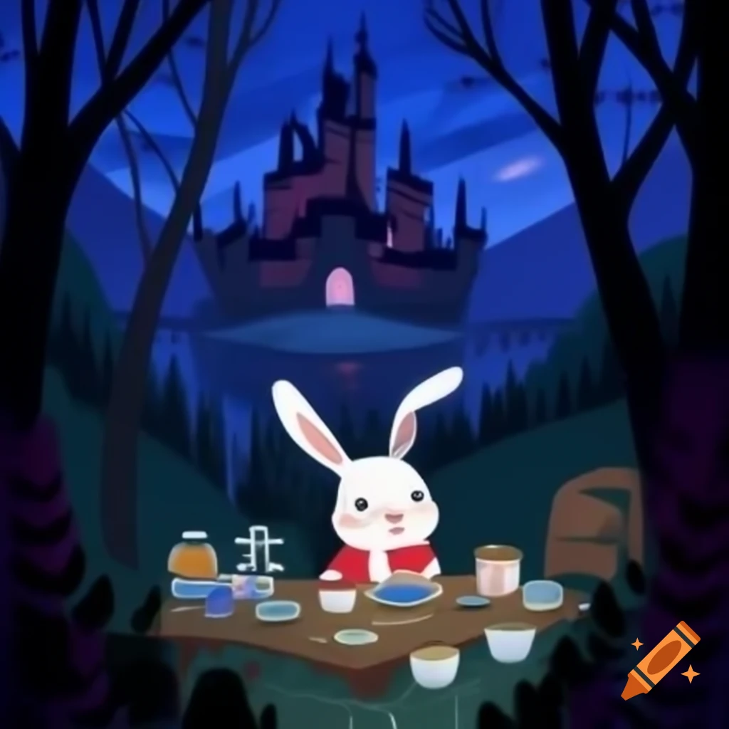 Whimsical rabbit tea party at midnight with castle and forest backdrop ...