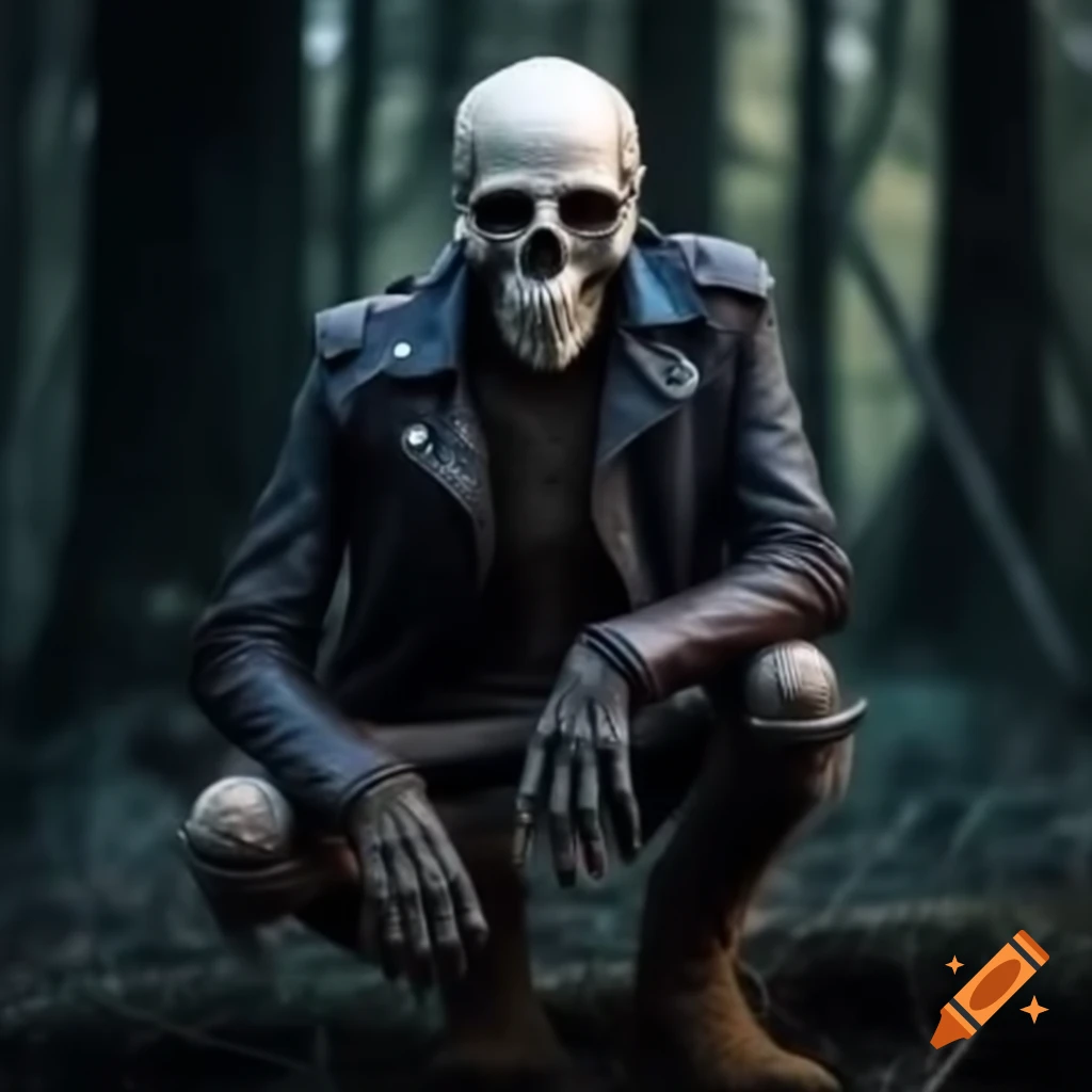 Punk skeleton in leather jacket and boots in eerie forest on Craiyon