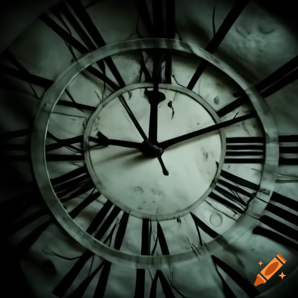 Ancient cracked clock moving counter-clockwise with eerie atmosphere on ...