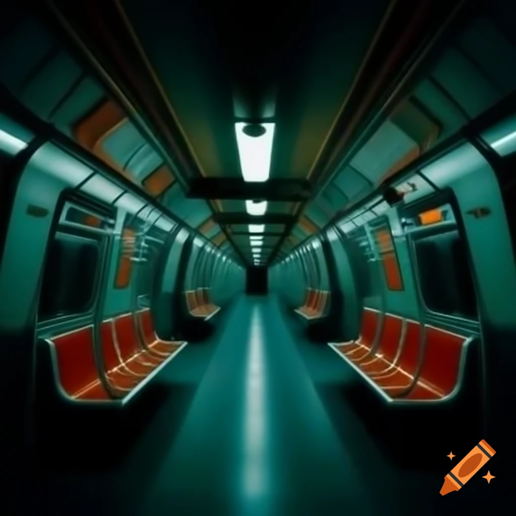 Eerie dark subway corridor with flickering lights and empty seats on ...