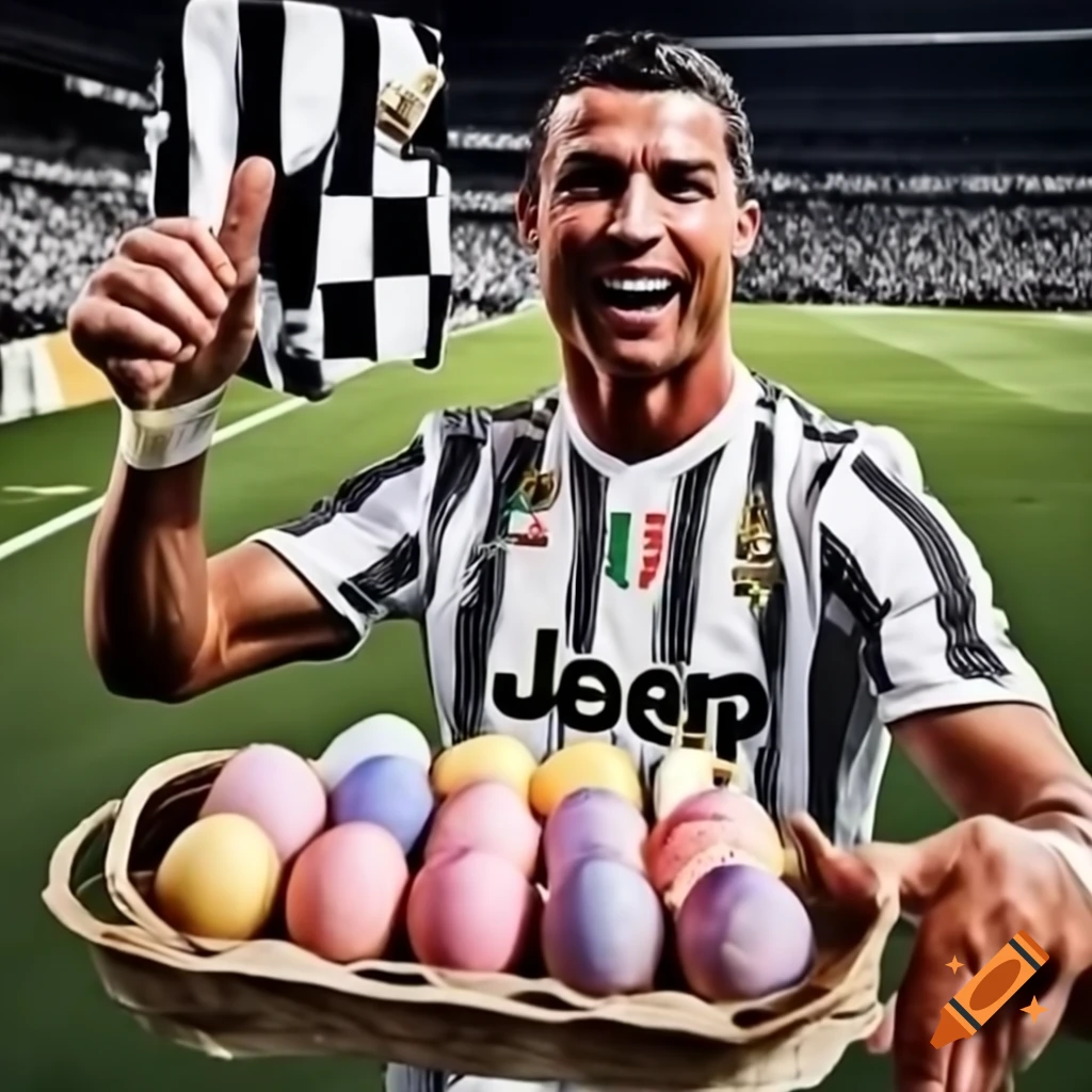 Cristiano Ronaldo in Juventus shirt with open arms holding Easter eggs ...